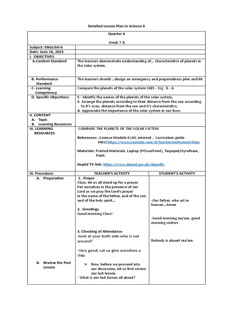 Science 6 DLP New | PDF | Planets | Solar System