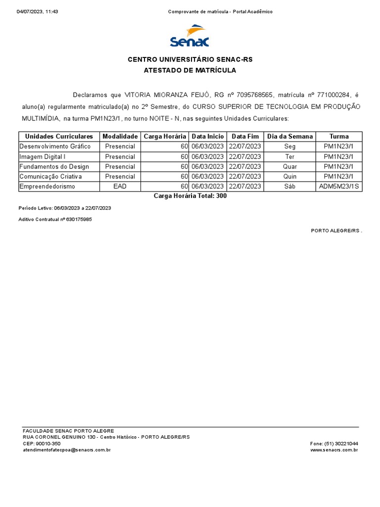 Comprovante de Matrícula - Vitória Mioranza | PDF
