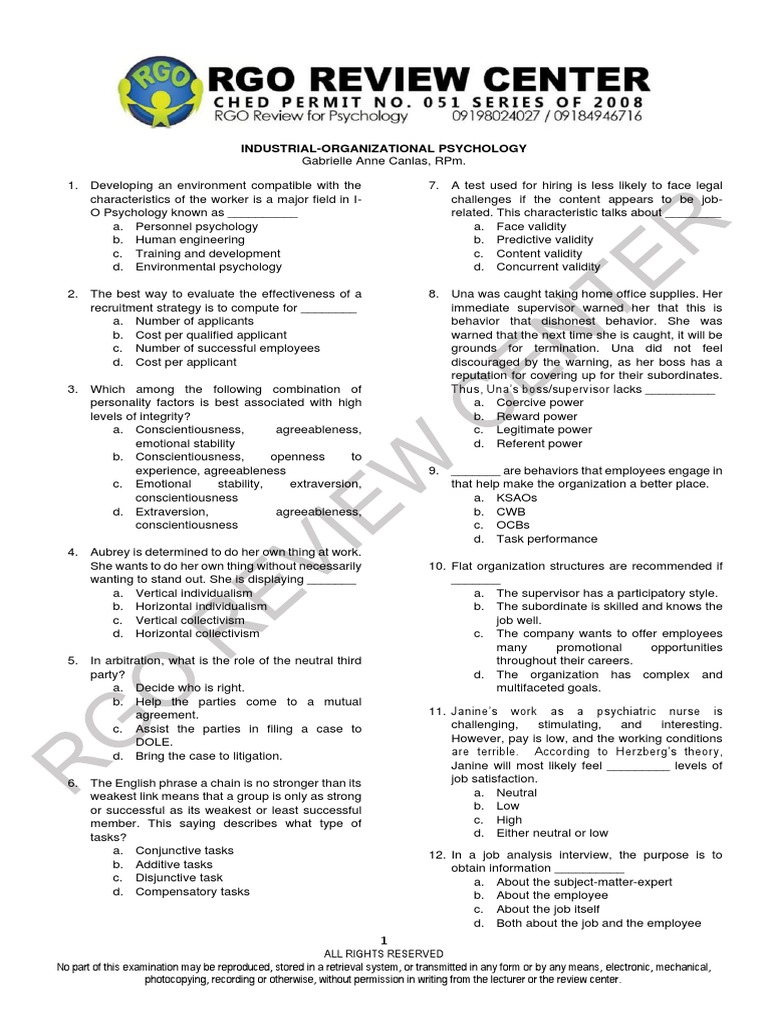 Industrial-Organizational Psychology Exam | PDF | Industrial And ...