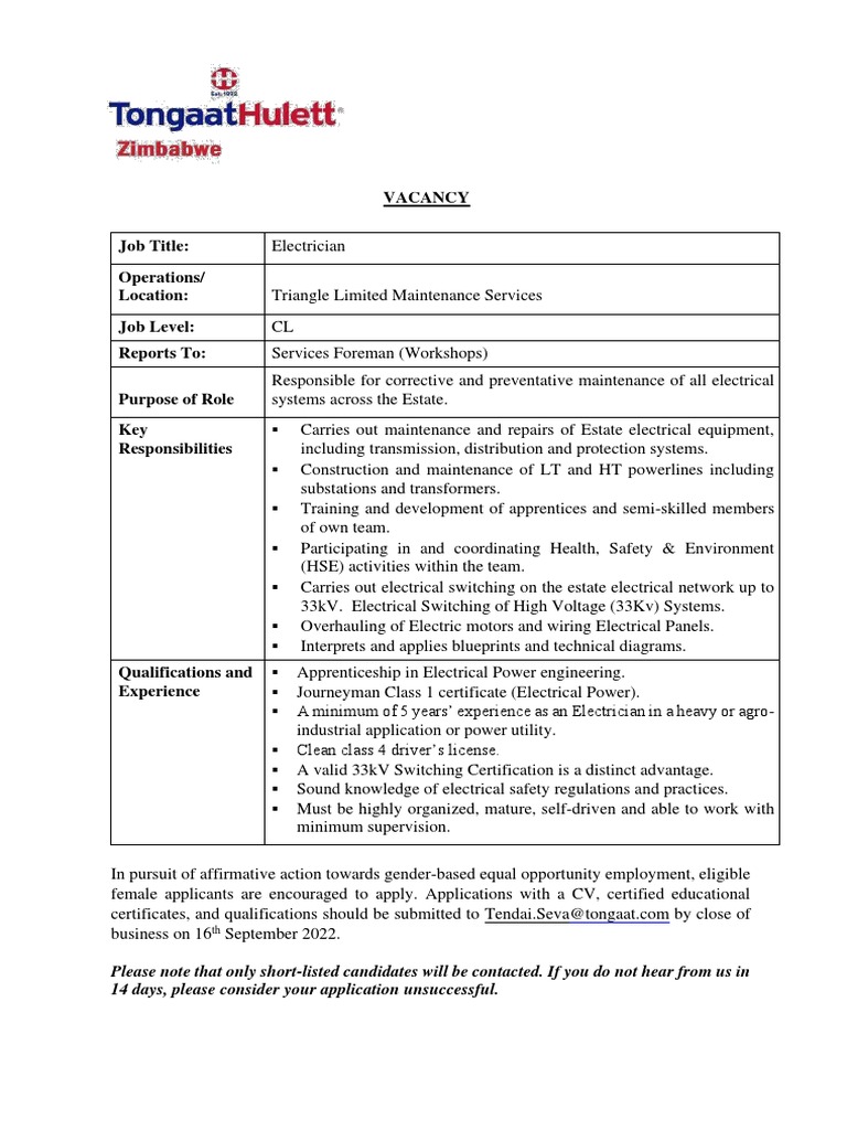 Electrician - Services Electrical - Triangle - Zimbabwe | PDF ...