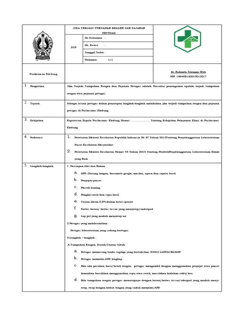 Sop Jika Terjadi Tumpahan Reagen Dan Pajanan Petugas | PDF