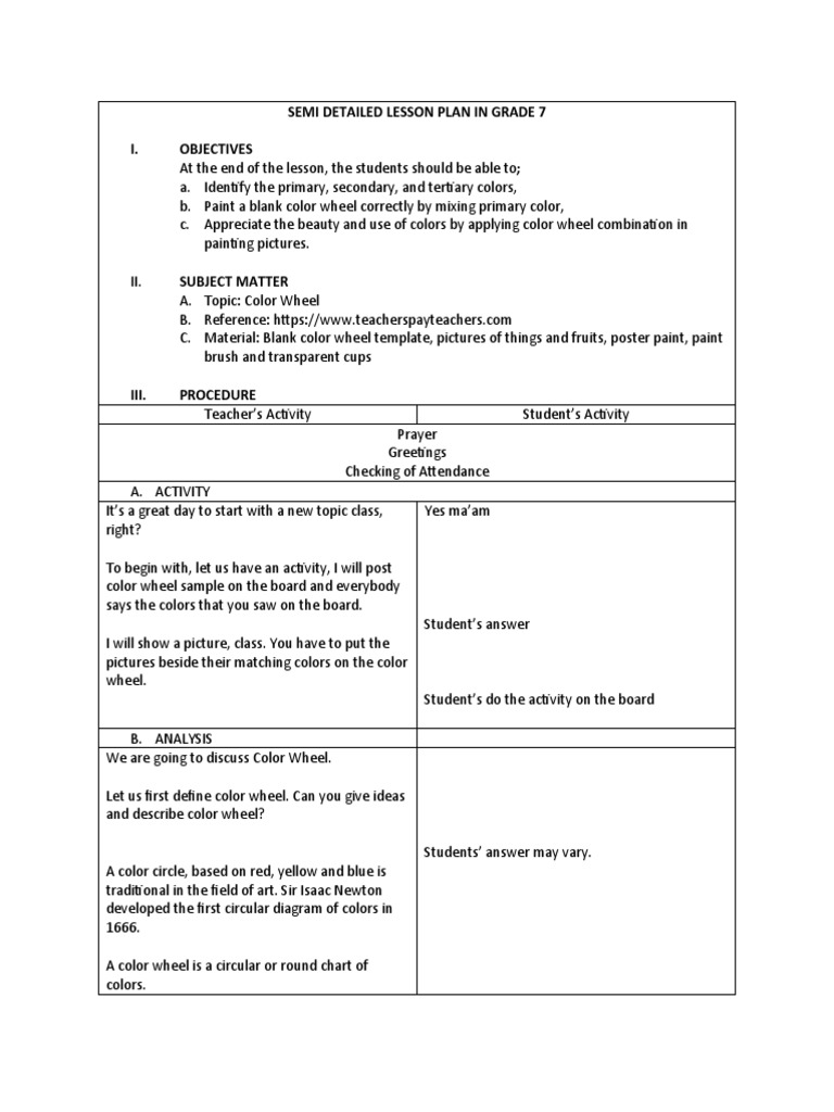 Grade 7 Color Wheel Lesson Plan | PDF | Color | Vision