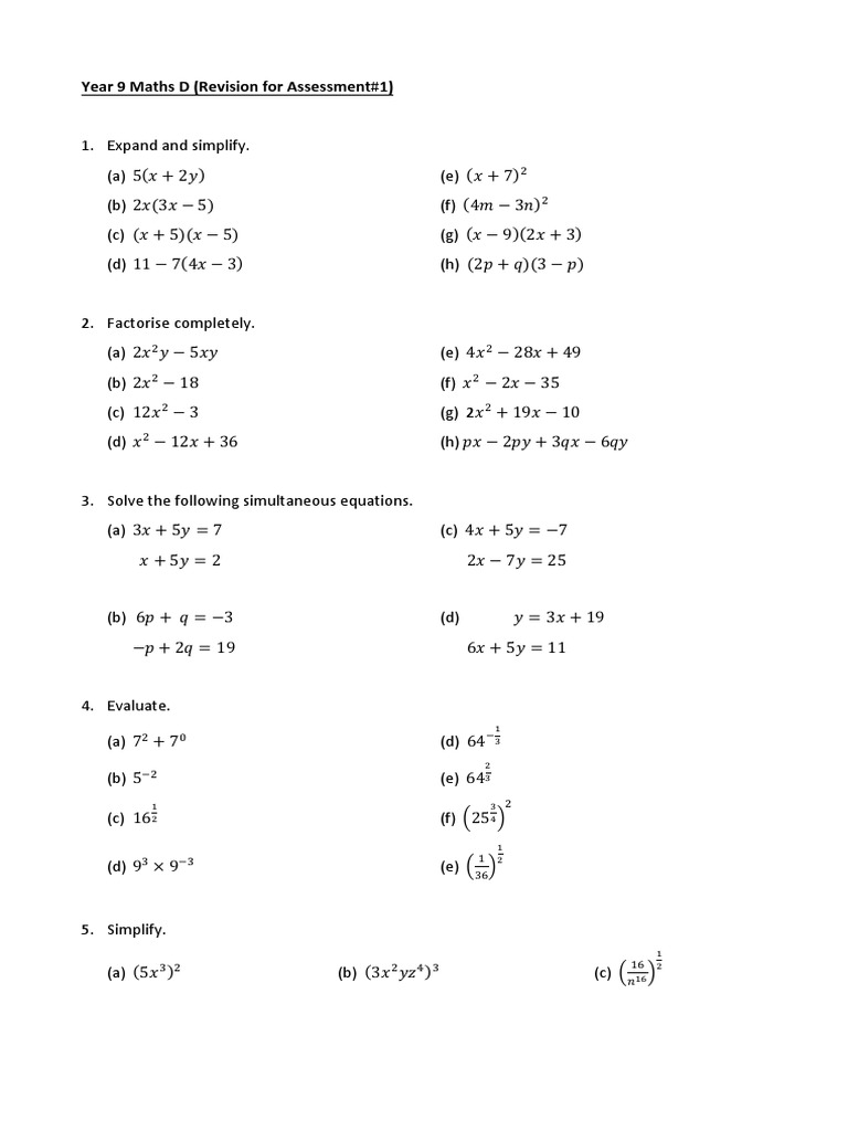 Year 9 Maths D Revision 1 Pdf Download Free Pdf Mathematics