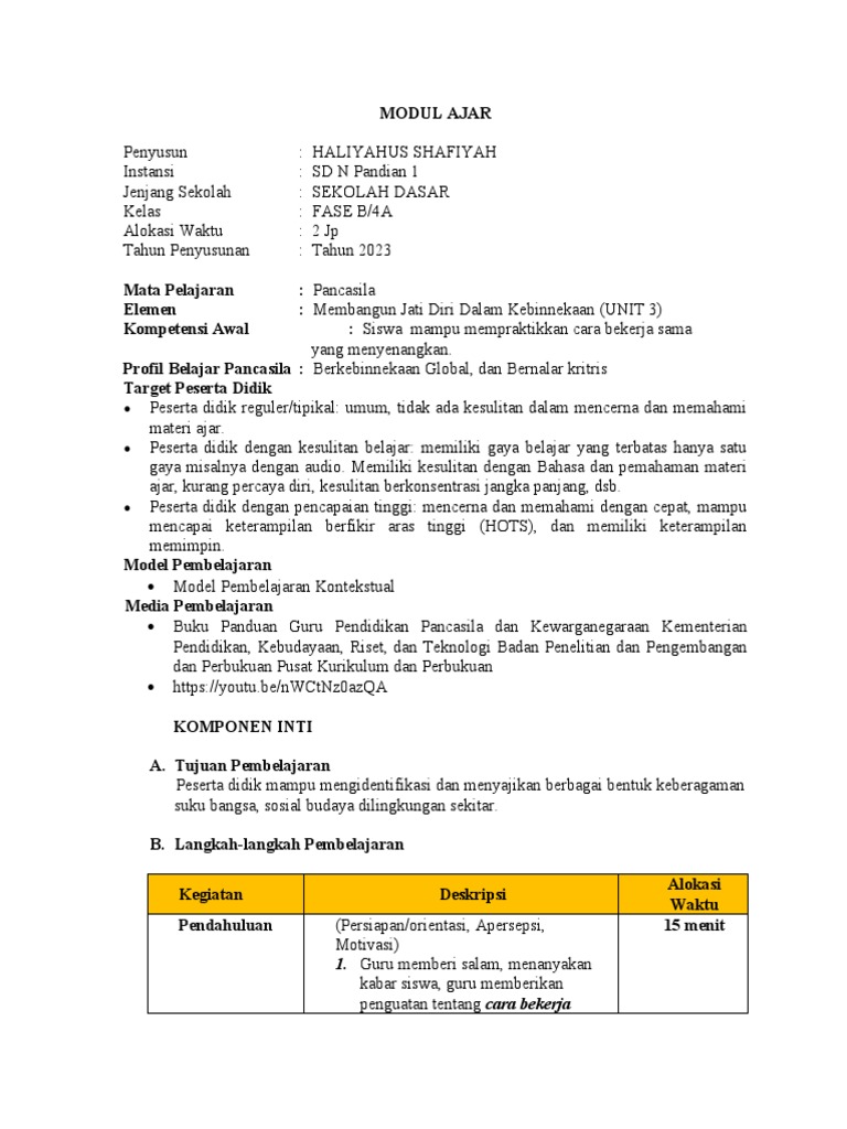 MODUL AJAR Kelas 4 A SDN Pandian 1 Haliyahus Shafiyah | PDF | Karier & Perkembangan | Kajian ...