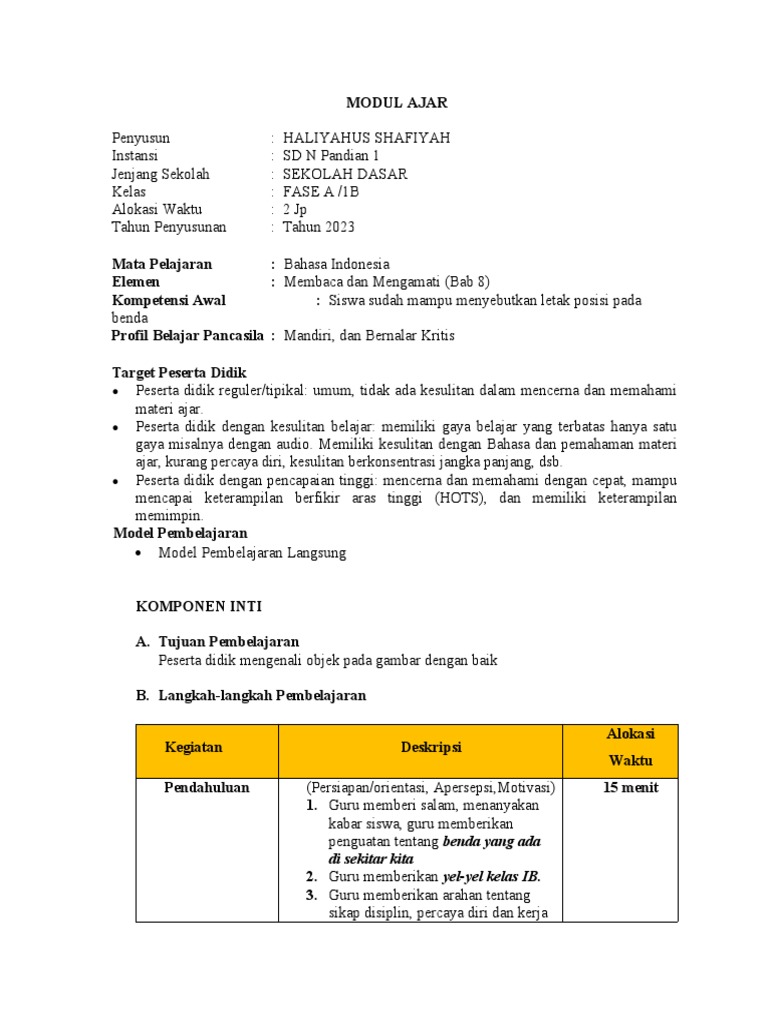 MODUL AJAR Kelas 1 B SDN Pandian 1 Haliyahus Shafiyah | PDF
