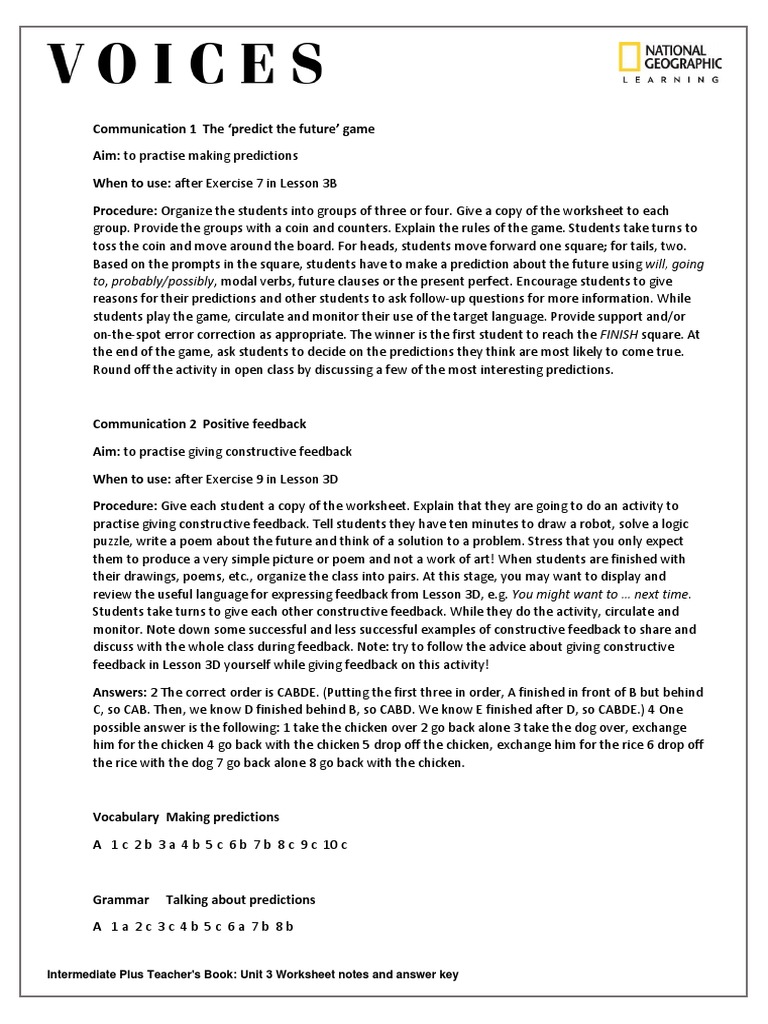 Voices Intermediate Plus Unit 3 Worksheets Notes And Answer Key 0 Pdf