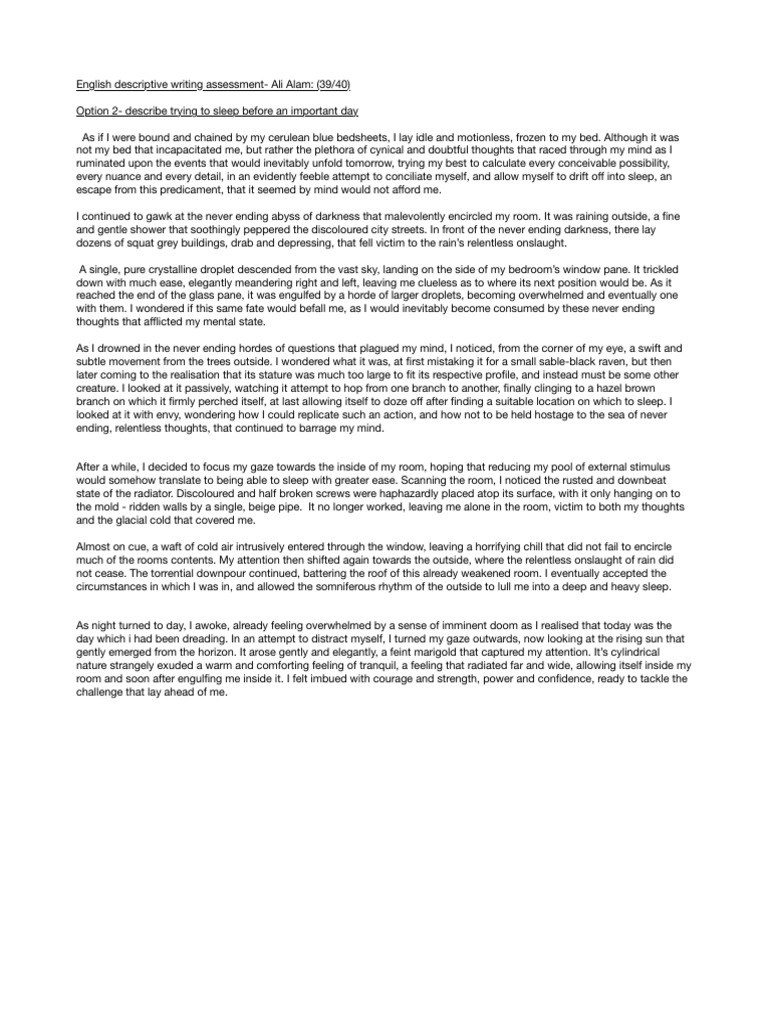 English Descriptive Writing Assessment-40 Marks - Ali Alam 2 | PDF