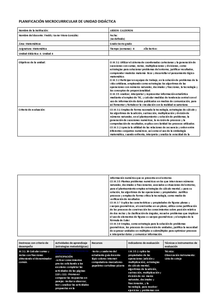 M6 U4 Plan | PDF | Sustracción | Multiplicación