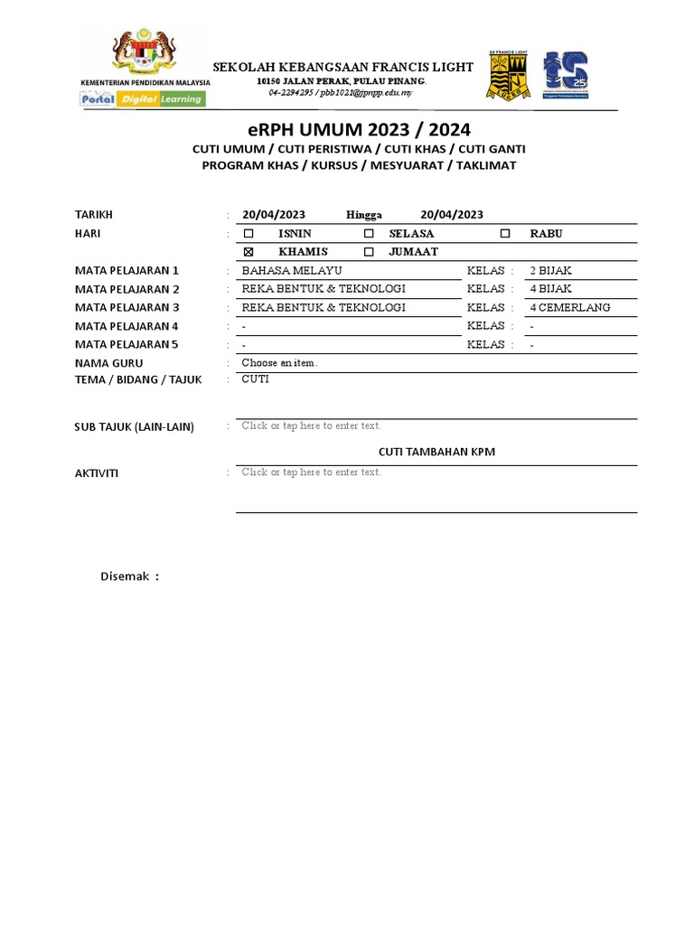RPH CUTI - PROGRAM KHAS eRPH 2023 FILL | PDF
