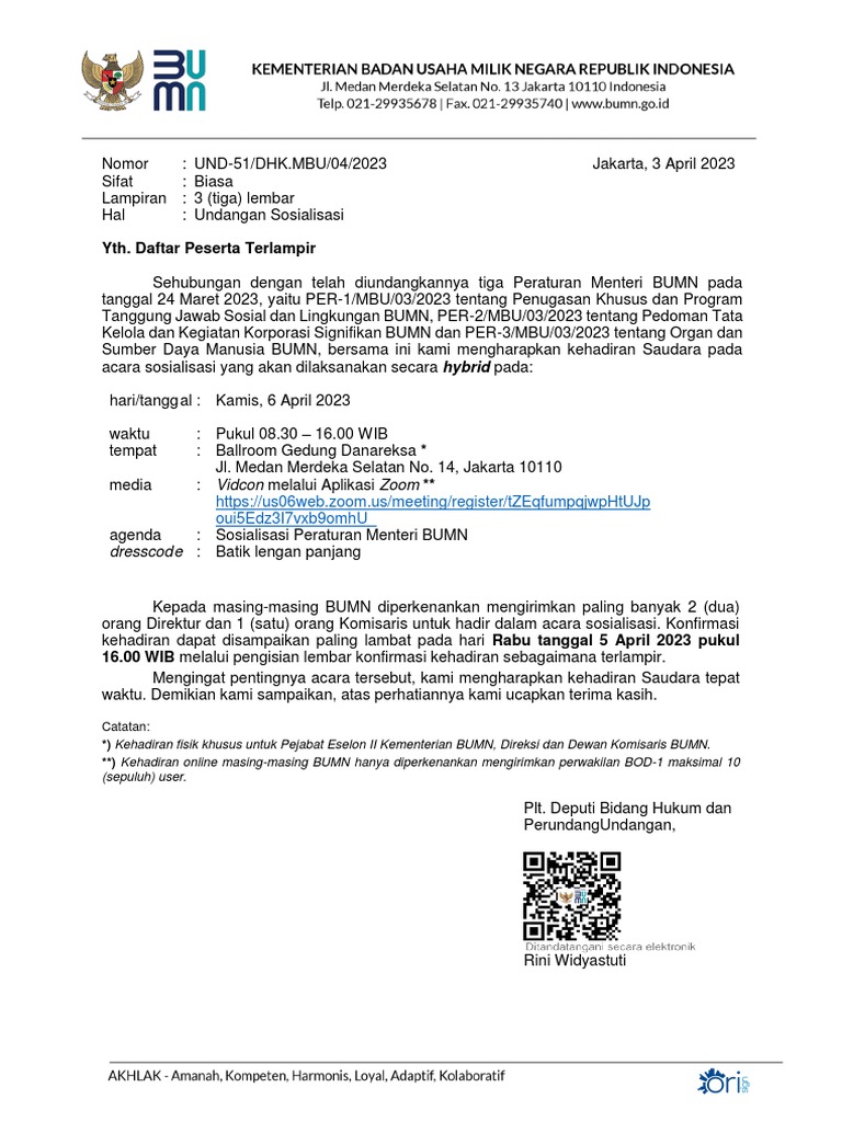 UND-51 DHK - Mbu 04 2023 Sosialisasi Peraturan Menteri BUMN | PDF
