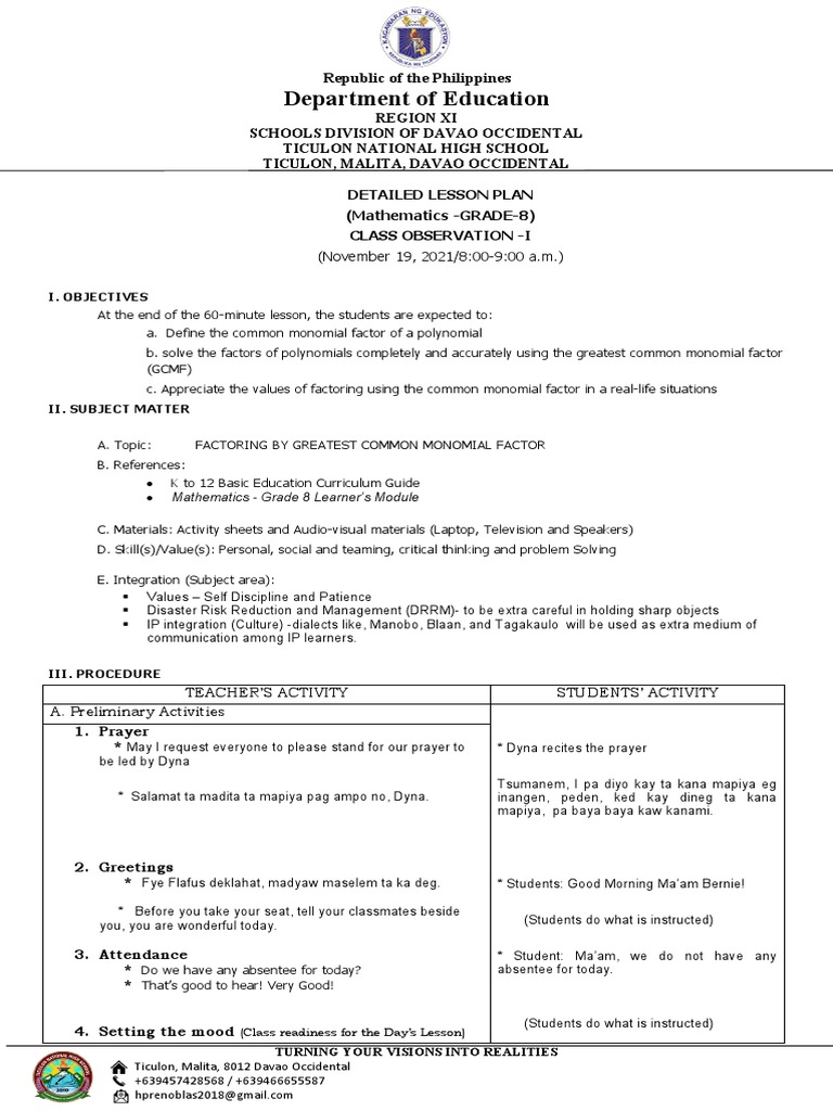 Detailed Lesson Plan Math 8 COT 1 SY 2021-2022 | PDF | Polynomial | Factorization
