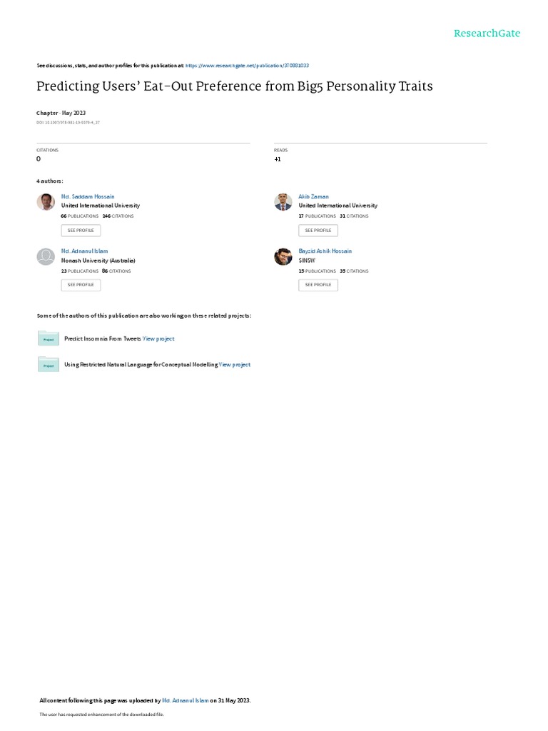 Predicting Users' Eat-Out Preference From Big5 Personality Traits | PDF | Social Networking ...