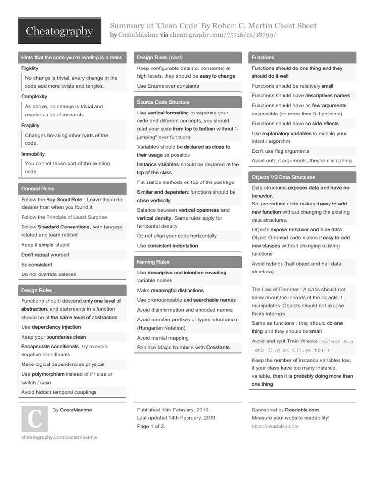 Clean Code Summary Cheat Sheet | PDF | Variable (Computer Science) | Object (Computer Science)