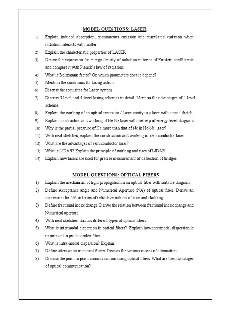Lasers & Optical Fibers Model Question Paper+ Problems | PDF | Laser | Optical Fiber