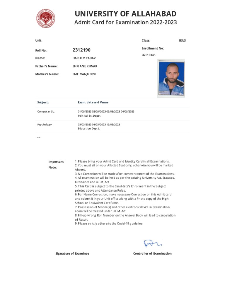 University of Allahabad Admit Card | PDF