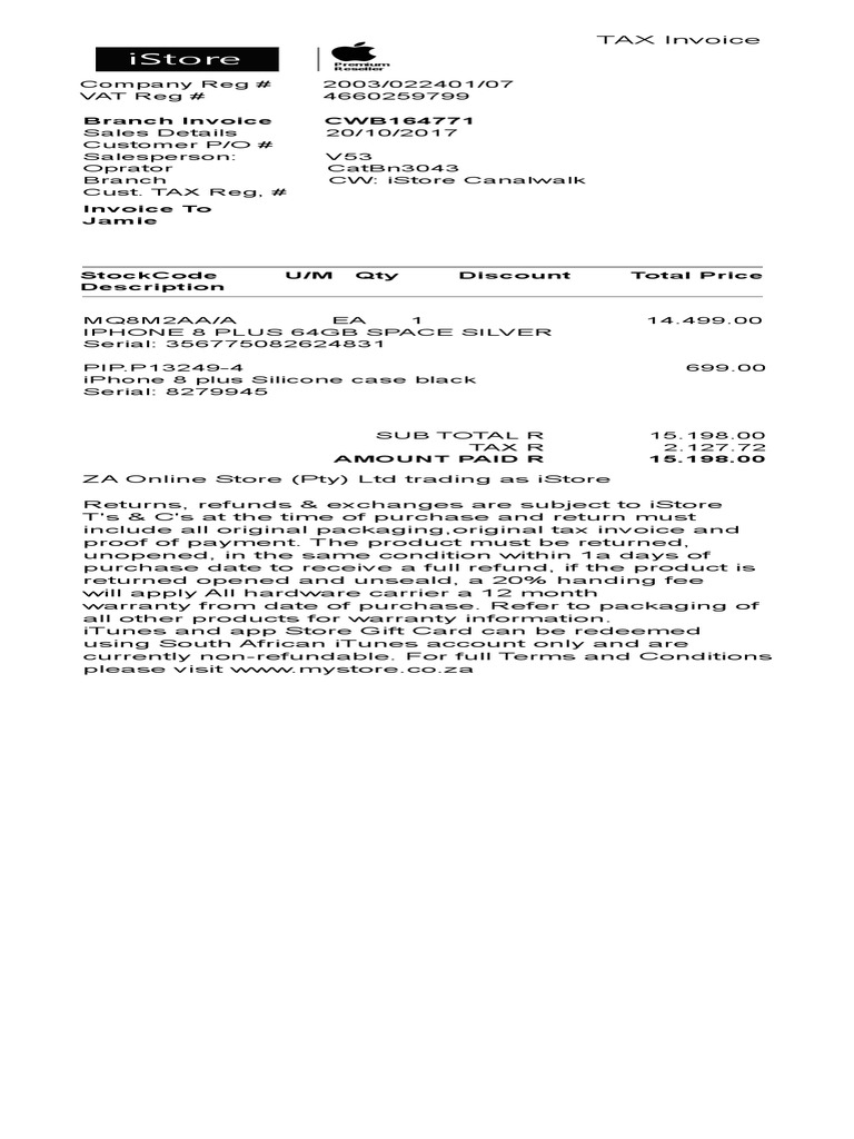 iStore Invoice for iPhone 8 Plus Purchase | PDF