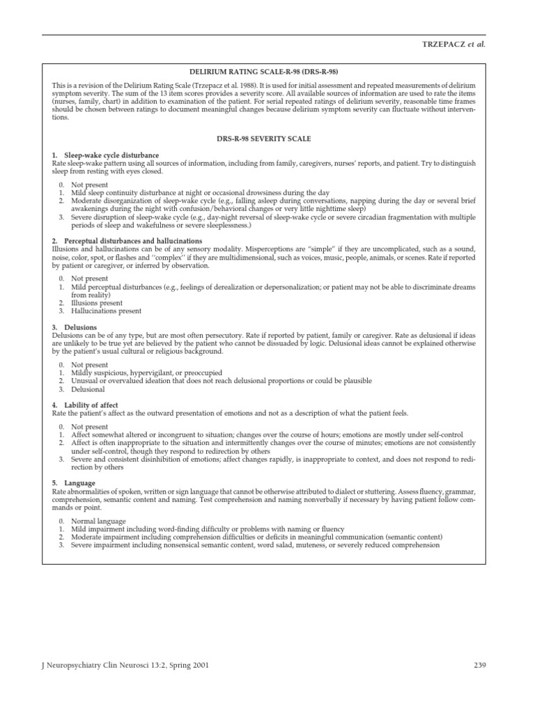 Delirium Rating Scale Revised 1998 | PDF | Recall (Memory) | Sleep