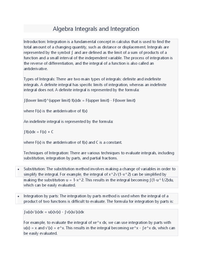 Algebra Integrals And Integration Pdf Integral Calculus