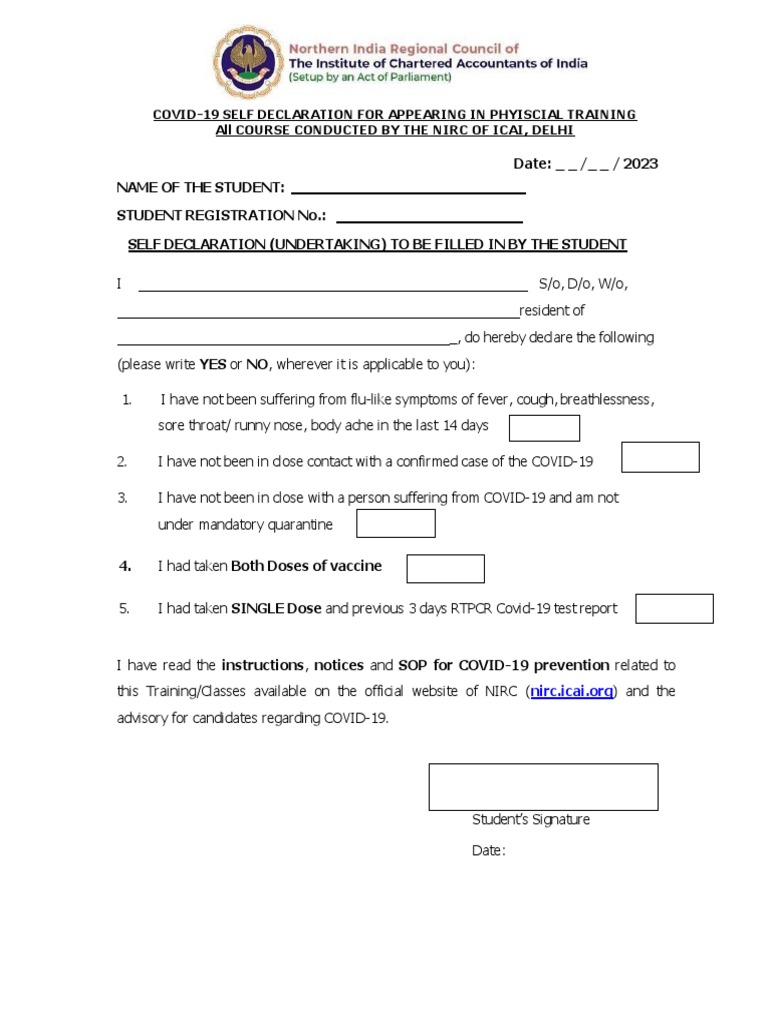 Covid-19 Self Declaration For Appearing in Phyiscial Training Conducted by The Nirc of Icai ...