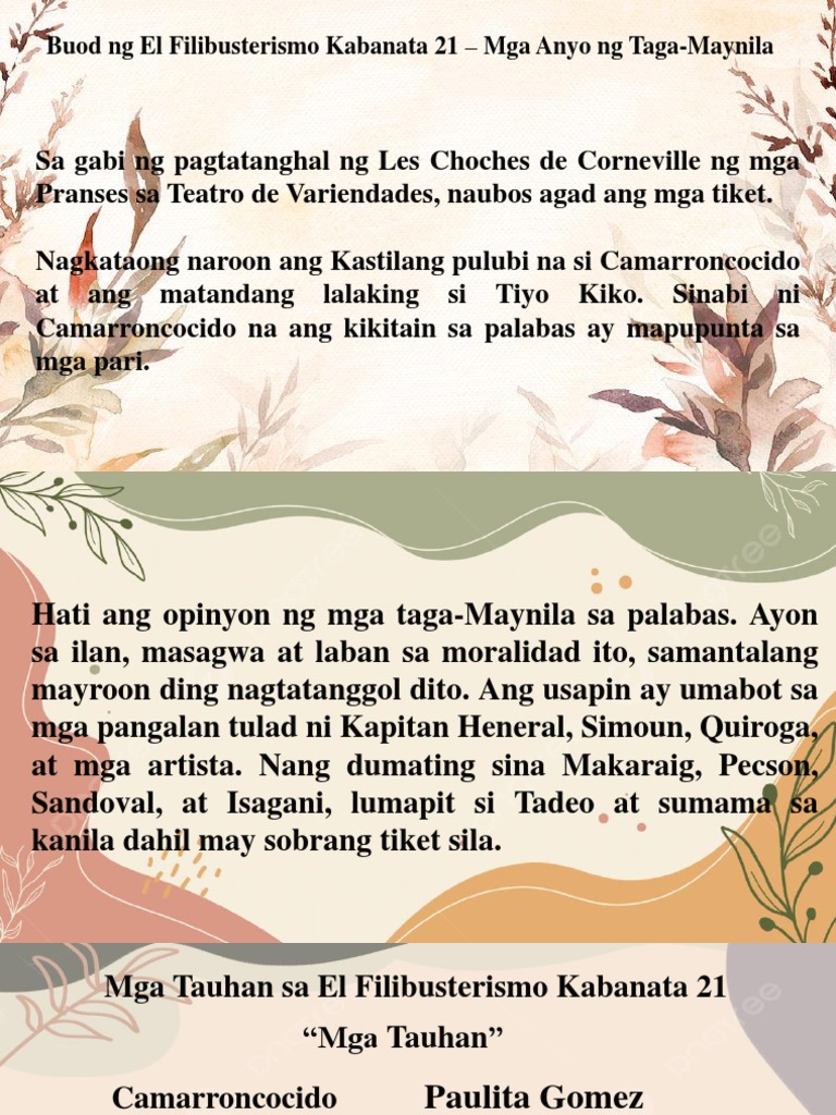 Buod NG El Filibusterismo Kabanata 21 - Mga Anyo NG Taga-Maynila | PDF