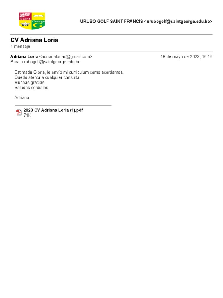 CV de Adriana Loria para Urubó Golf | PDF