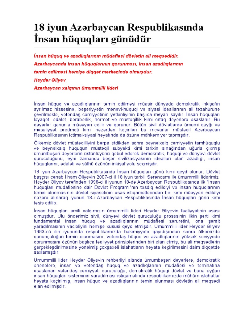18 Iyun Azərbaycan Respublikasında İnsan Hüquqları Günüdür | PDF