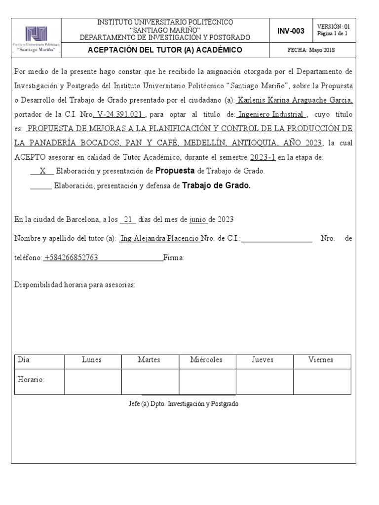 For-Inv-003 Aceptacion Del Tutor Pi - TG | PDF