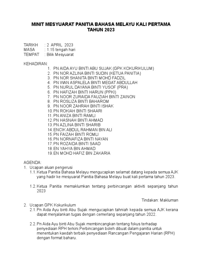 KANDUNGAN MESYUARAT_PANITIA_BAHASA_MELAYU_KALI PERTAMA 20232024 | PDF