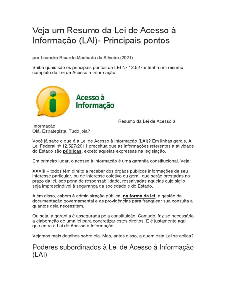 11 RESUMO LAI Lei 12527 2011 | PDF | Administração pública | Informação