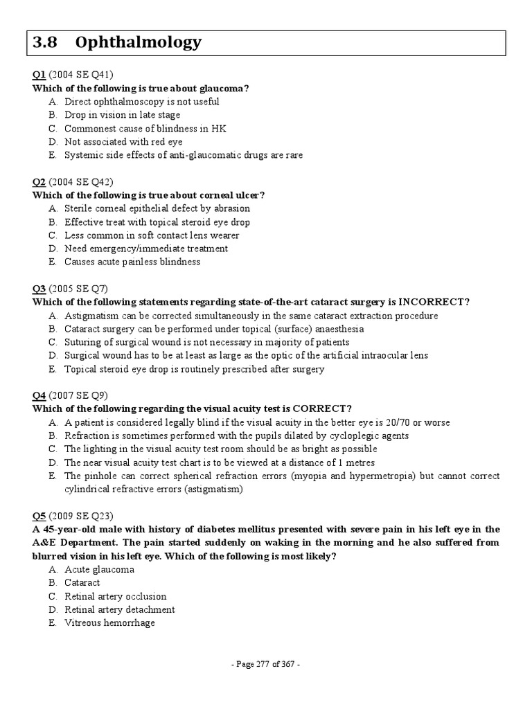 Ophthalmology MC | PDF | Glaucoma | Visual Acuity