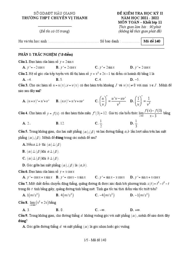 De Hoc Ky 2 Toan 11 Nam 2021 2022 Truong Chuyen VI Thanh Hau Giang | PDF