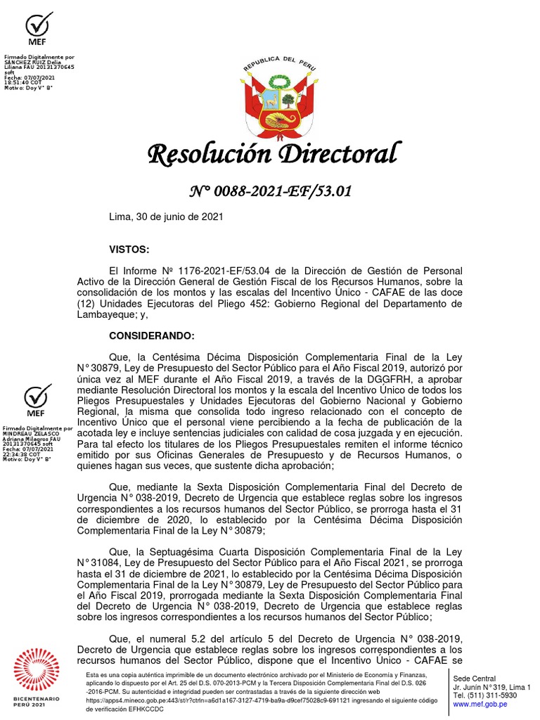 Resolucion Directoral N.° 0088-2021-EF 53.01. Lima, 30 de Junio de 2021 ...