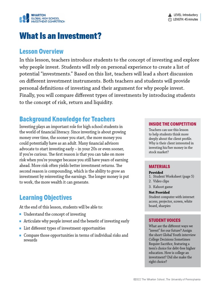 Introduction To Investing 2.1 What Is An Investment V2 | PDF ...