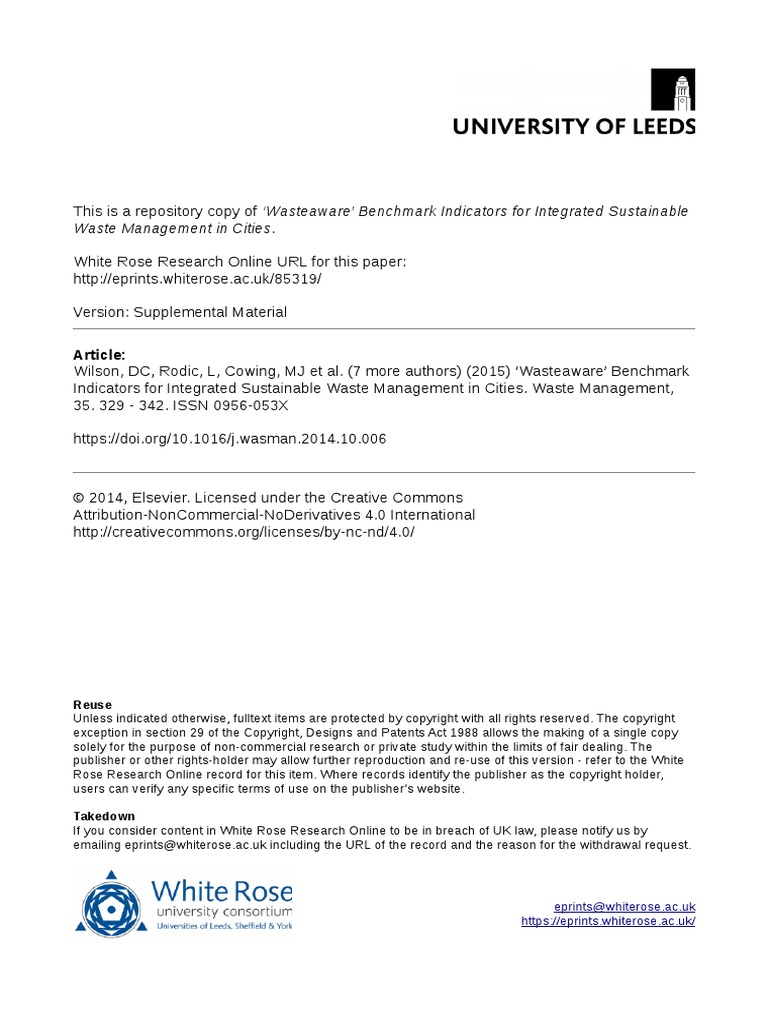 'Wasteaware' Benchmark Indicators For Integrated Sustainable Waste ...