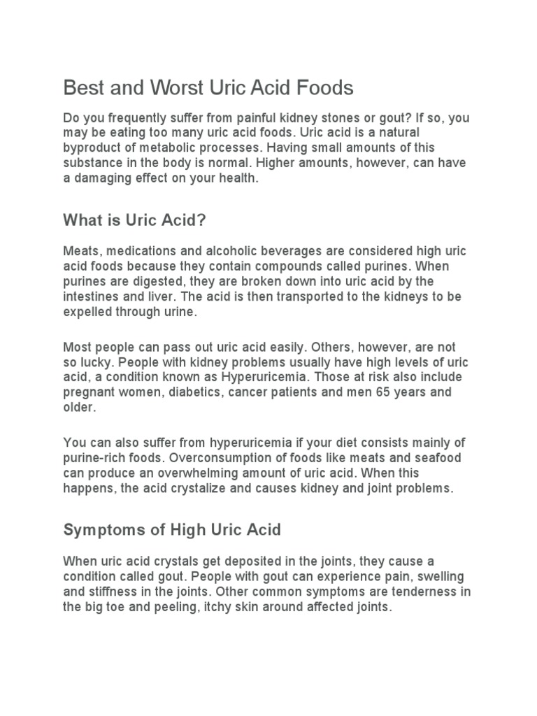 Best and Worst Uric Acid Foods | PDF | Gout | Food And Drink