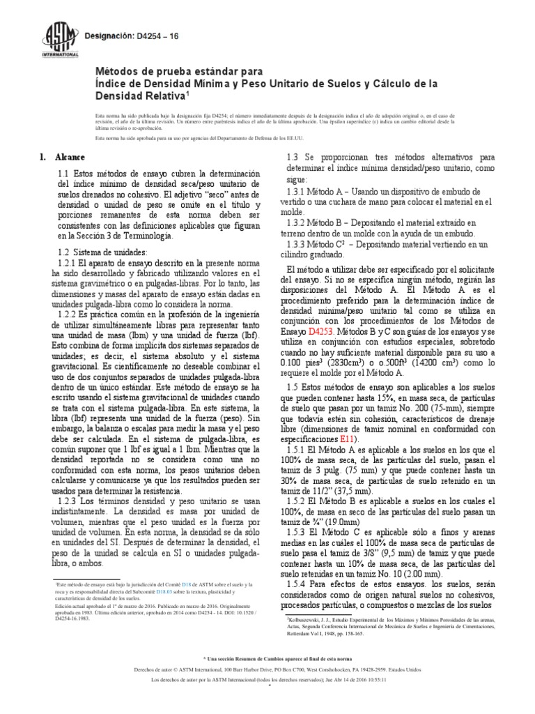 ASTM D 4254 2016 Traducción | PDF | Densidad | Volumen