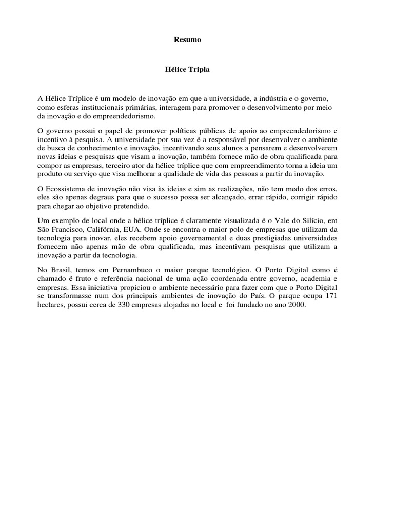 Hélice Tríplice: Inovação e Empreendedorismo | PDF