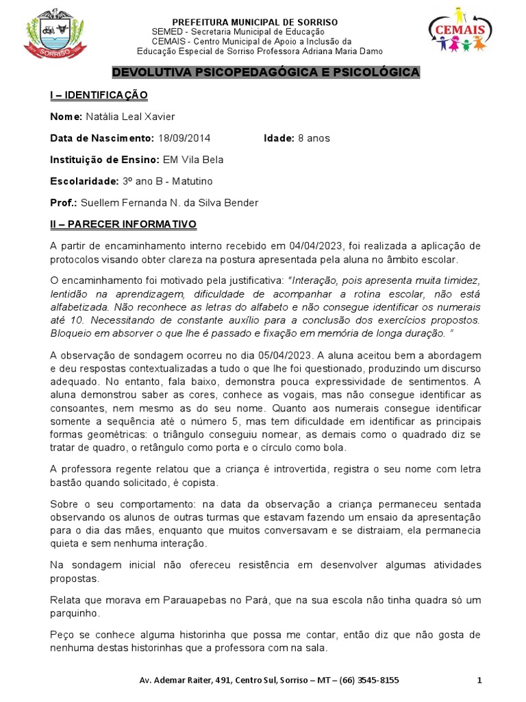 DEVOLUTIVA Natália Leal Xavier | PDF | Atenção | Educação Especial