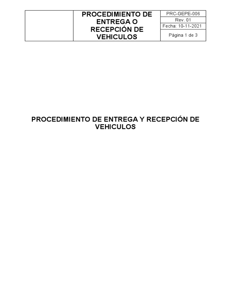 PRC-GEPE-006 Procedimiento de Entrega y Recepcion de Vehiculos | Descargar gratis PDF | Seguro ...