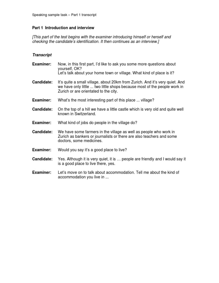 Speaking Sample Task - Part 1 Transcript | PDF