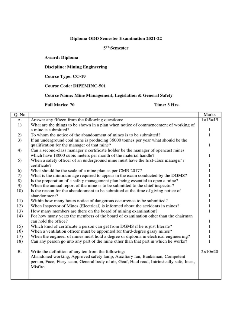 Mine Management, Legislation I | PDF | Mining | Diploma