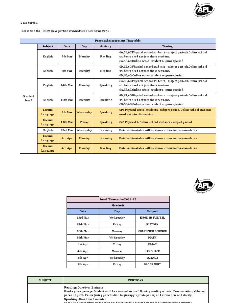 2021-22 Semester2 Schedule and Portions - Grade6 Re | PDF | Linguistics