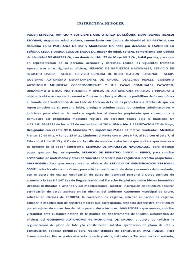Celia Colque 27 Mayo Instructiva de Poder | PDF | Propiedad | Justicia