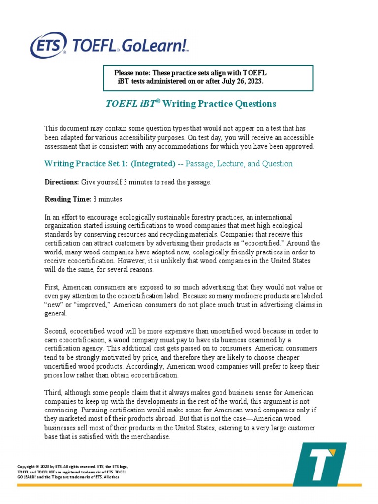 TOEFL Ibt Writing Practice Sets Enhanced | PDF | Trademark