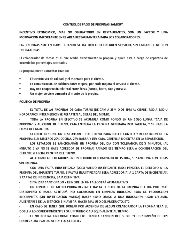 Control de Pago de Propinas Samory | PDF | Gratificación | Economias