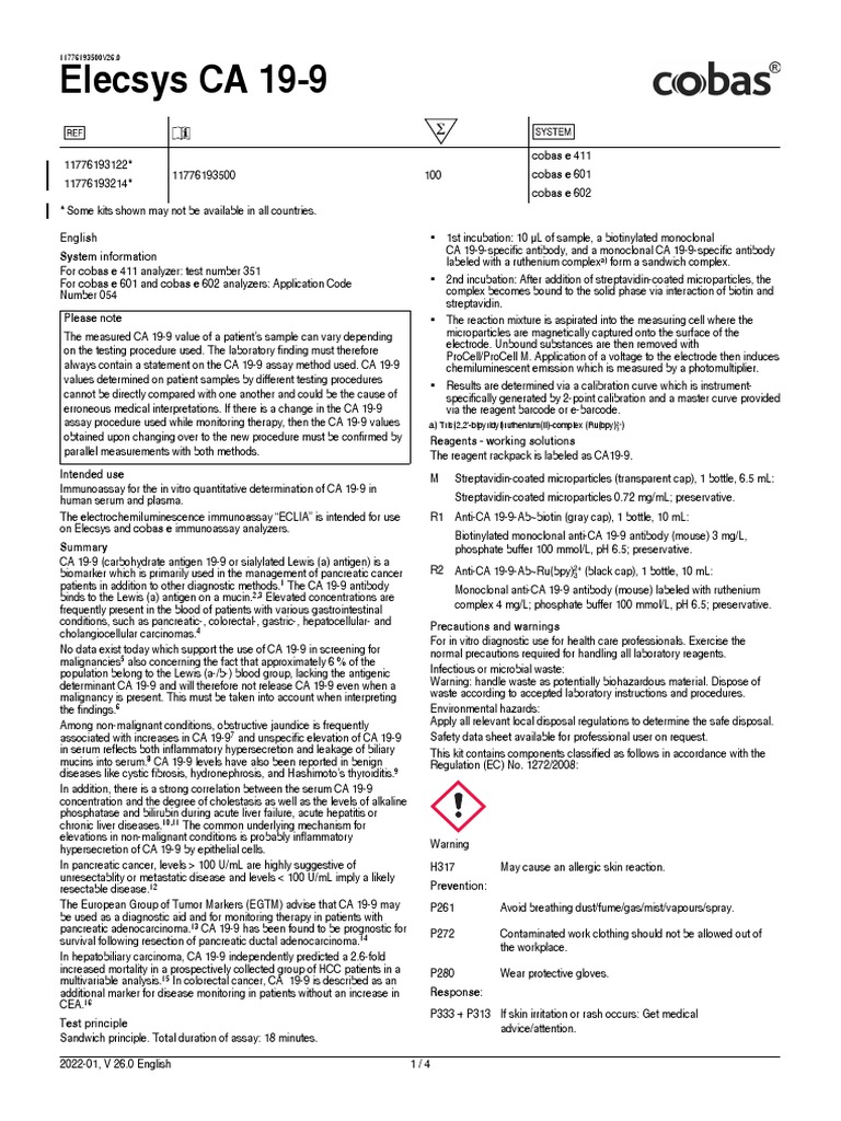 Insert - Elecsys CA 19-9.11776193500.v26.en | PDF | Monoclonal Antibody | Diseases And Disorders