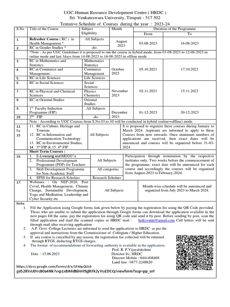UGC HRDC Refresher Course Schedule 2023-24 | PDF | Science