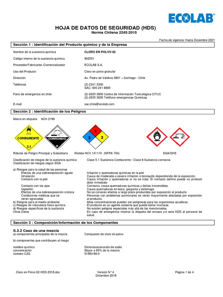 Cloro En Polvo 62 Hds 2018 Pdf Agua Residuos