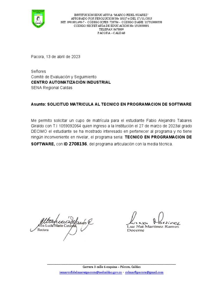 Carta SENA SOLICITUD MATRICULA- MARCO FIDEL | PDF