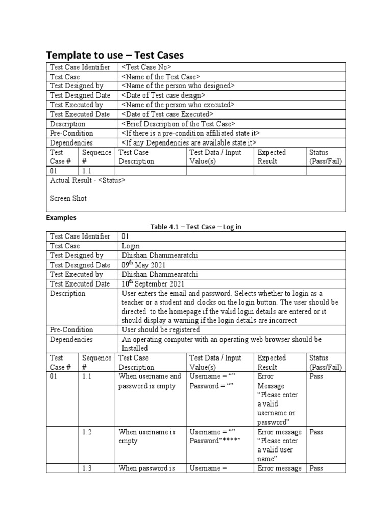 Test Case Template Pdf User Computing Login